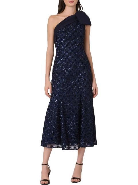 Shoshanna Midnight Diamond Sequin Mesh One-shoulder Gown - Navy
