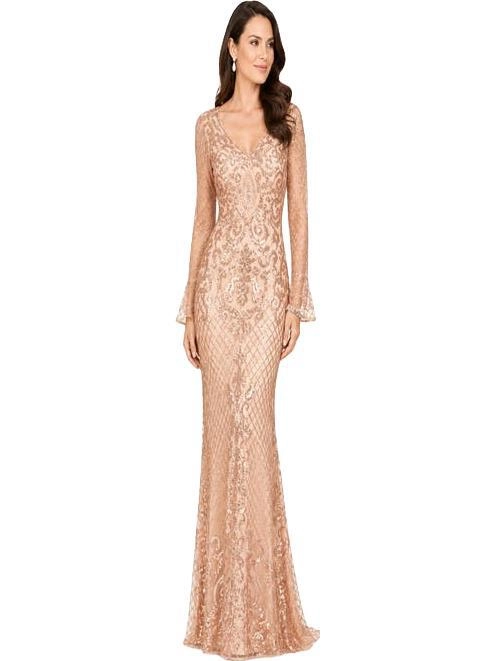 LARA NEW YORK Beaded Long Sleeve V-neck Gown - Blush