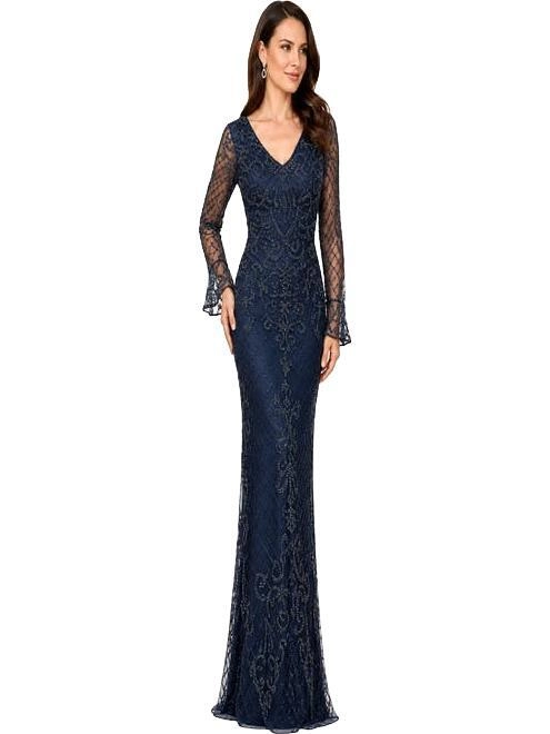 LARA NEW YORK Beaded Long Sleeve V-neck Gown - Navy