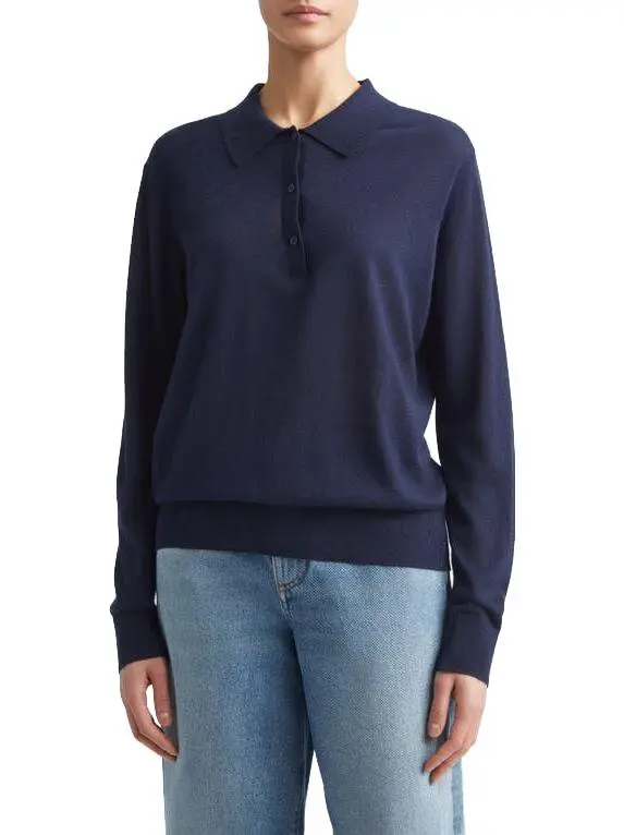Loulou De Saison Miles Long Sleeve Cashmere Polo Sweater - Navy