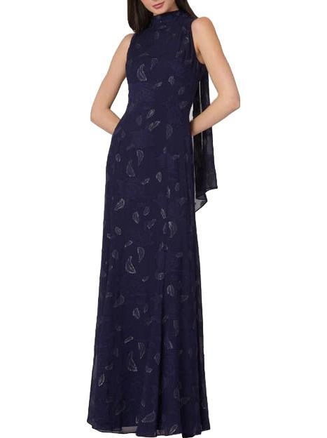 Shoshanna Metallic Clip Chiffon High Neck Dress - Navy/gold