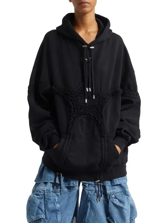 Collina Strada Soft Star Drawstring Ruched Cotton Hoodie - Black