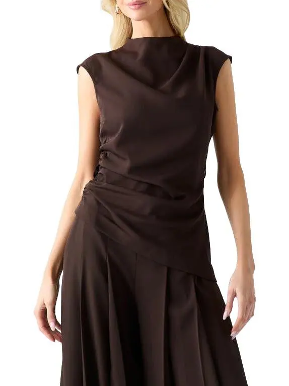 MARCIANO Kamila Ruched Mock Neck Top With Cap Sleeves - Brown