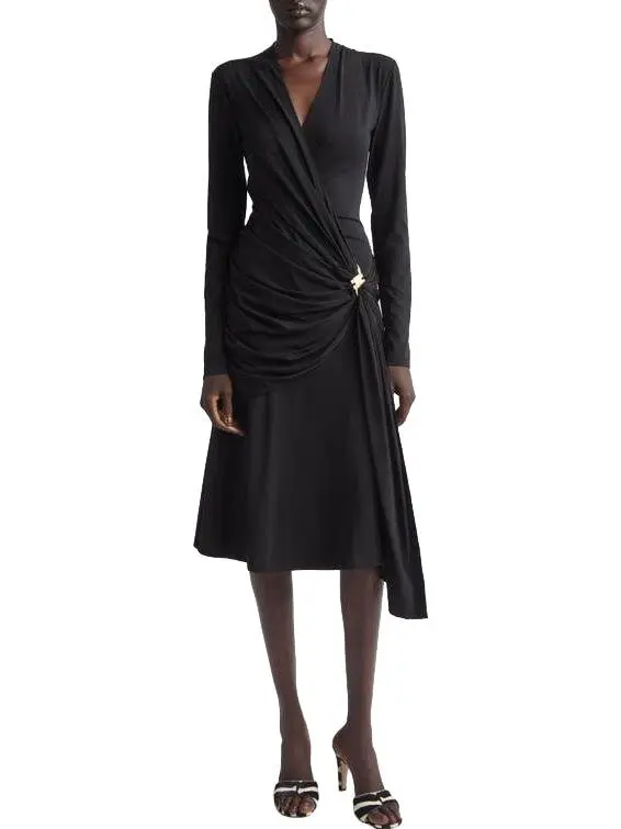 FERRAGAMO Long Sleeve Wrap Dress With Sculptural Hardware - Nero