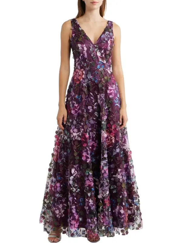 Eliza J Floral Appliqué Sleeveless Gown - Eggplant