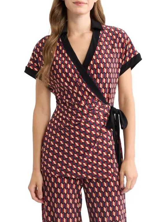 Anne Klein Geometric Print Wrap Top - Rust Multi