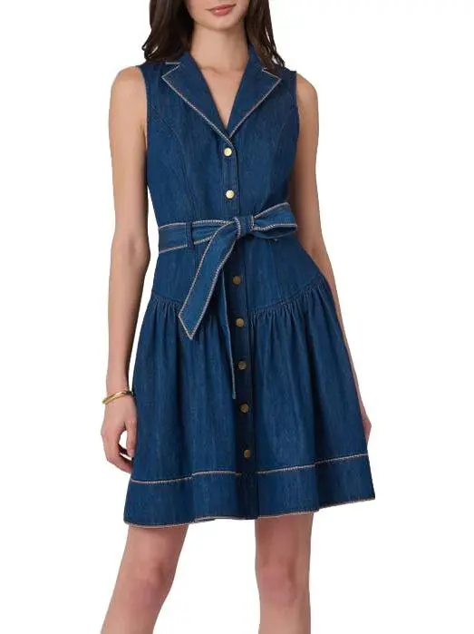 Shoshanna Sleeveless Mini Dress With Contrast Stitching And Belt - Denim
