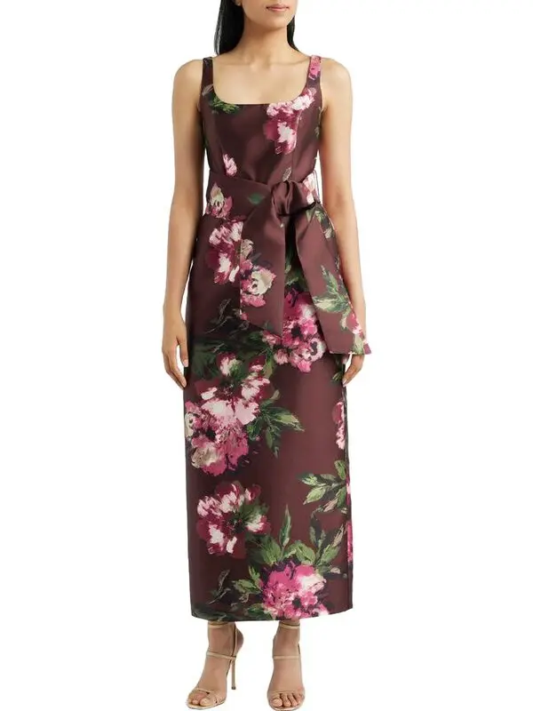 Julia Jordan Sleeveless Floral Print Matte Satin Gown - Wine Multi