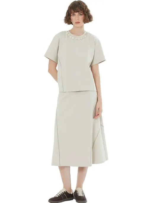 GIZIA Topstitched Embroidered T-shirt - Beige