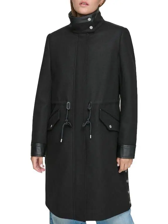 Andrew Marc Wool Blend Coat With Faux Leather Trim - Black
