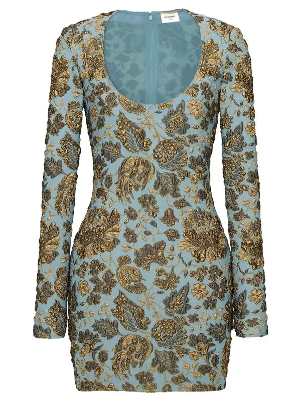Saint Laurent Long-sleeved V-neck Mini Dress - Blue