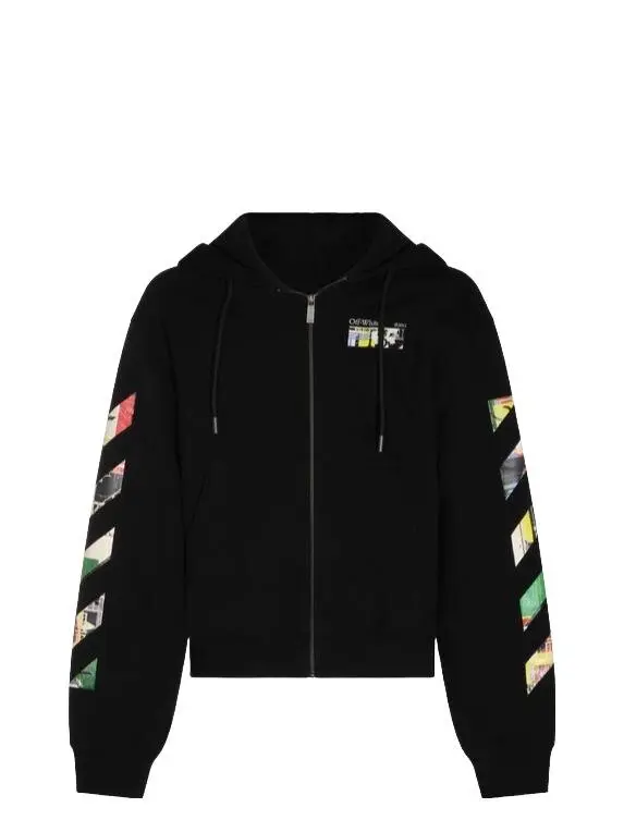 Off-White Zip-up Hooded Sweatshirt With Graphic Print - Black