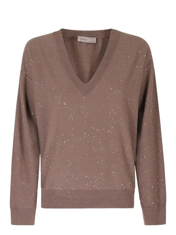 Herno V-neck Sweater With Sequins - Visone