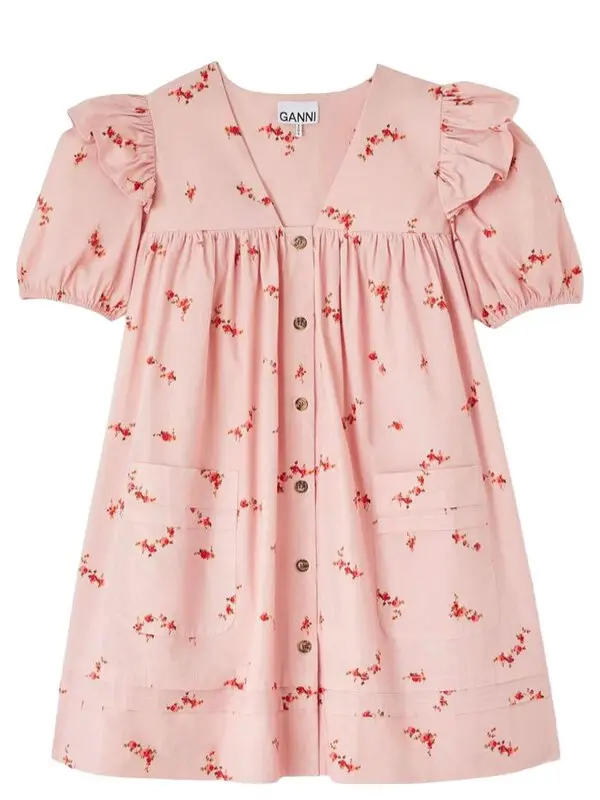 GANNI Floral Print Puff Sleeve Mini Dress - Pink