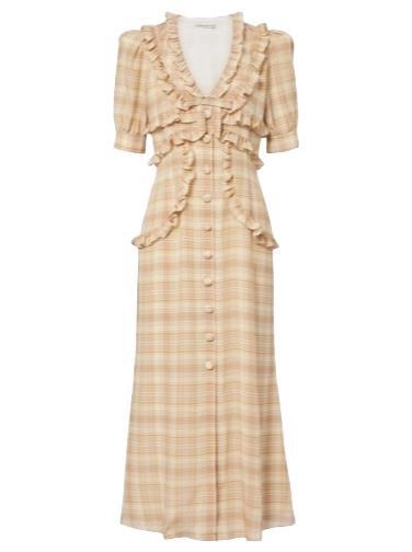 Alessandra Rich Ruffled Plaid Silk Midi Dress - Beige