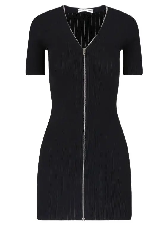 Alexander Wang Short Sleeve V-neck Zipper Dress - Black