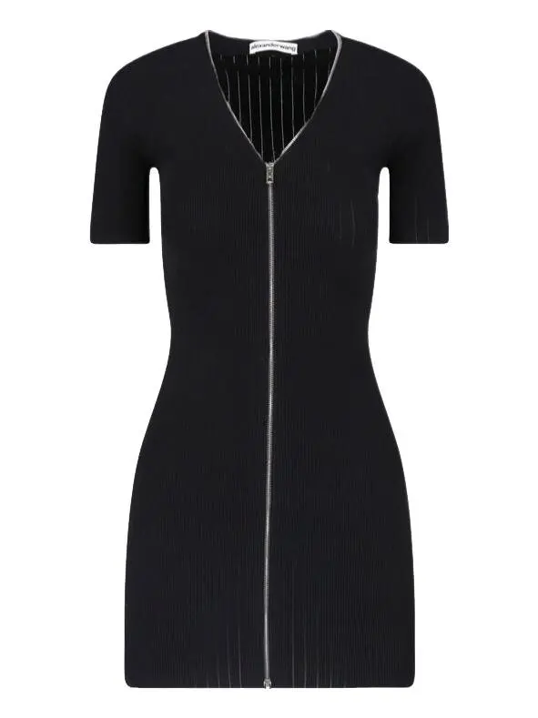 Alexander Wang Short Sleeve V-neck Zipper Dress - Black