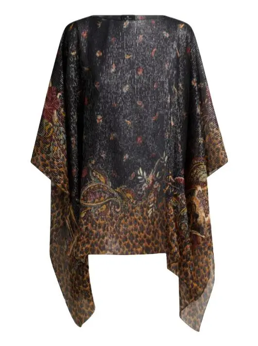 Etro Silk Twill Poncho Top With Striped Animal And Floral Paisley Motif - Black