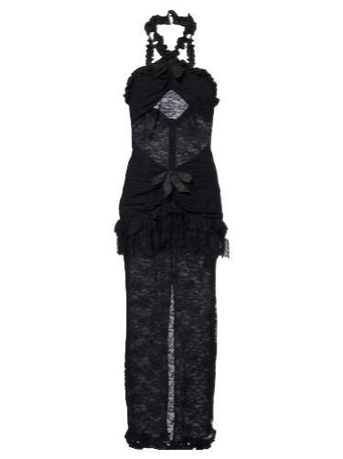 Alessandra Rich Lace Halter Neck Ruffled Cocktail Dress With Bow Accents - Black