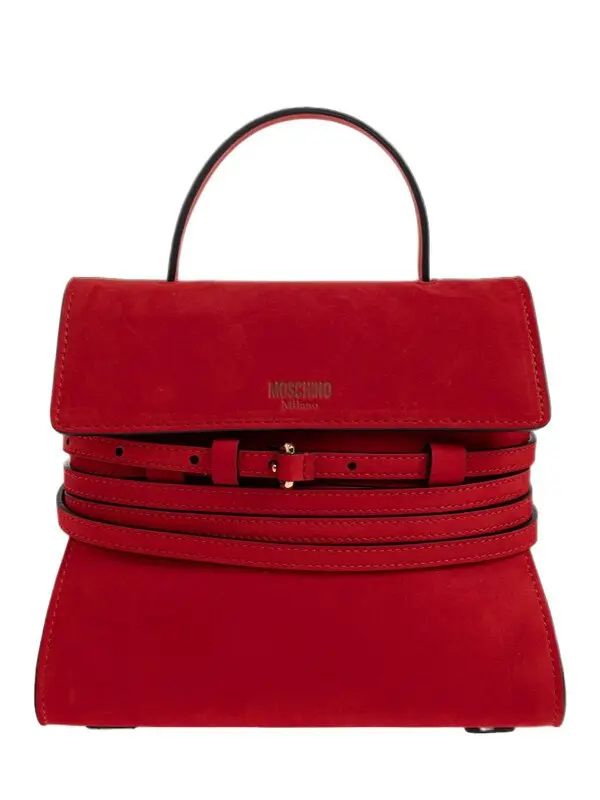 Moschino Suede Handbag With Printed Flap And Buckled Shoulder Strap - Red