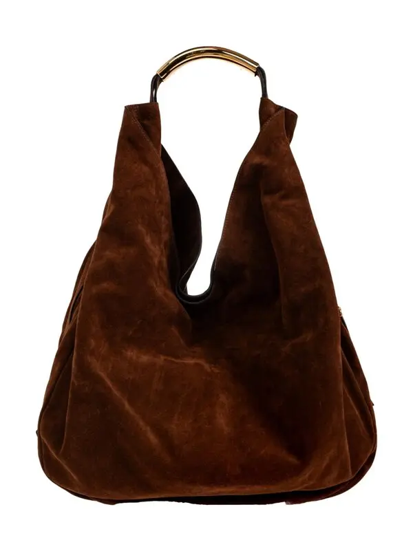 Moschino Suede Shoulder Bag With Gold Tone Hoop Handle - Brown