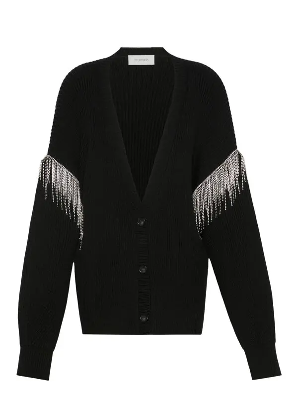 Sportmax Oversized Pure Wool Cardigan With Detachable Lantern Sleeves And Rhinestone Fringe - Black