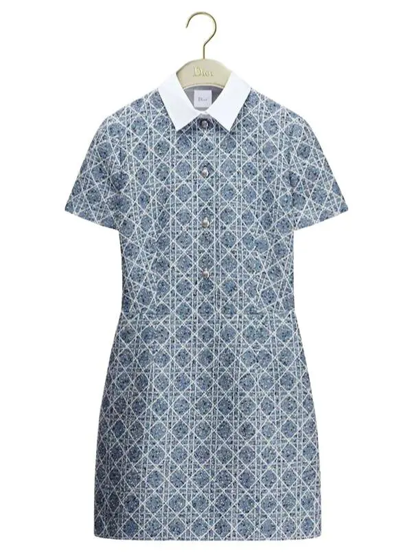 Dior Short Sleeve Collared Dress With Macrocannage Pattern - Blue
