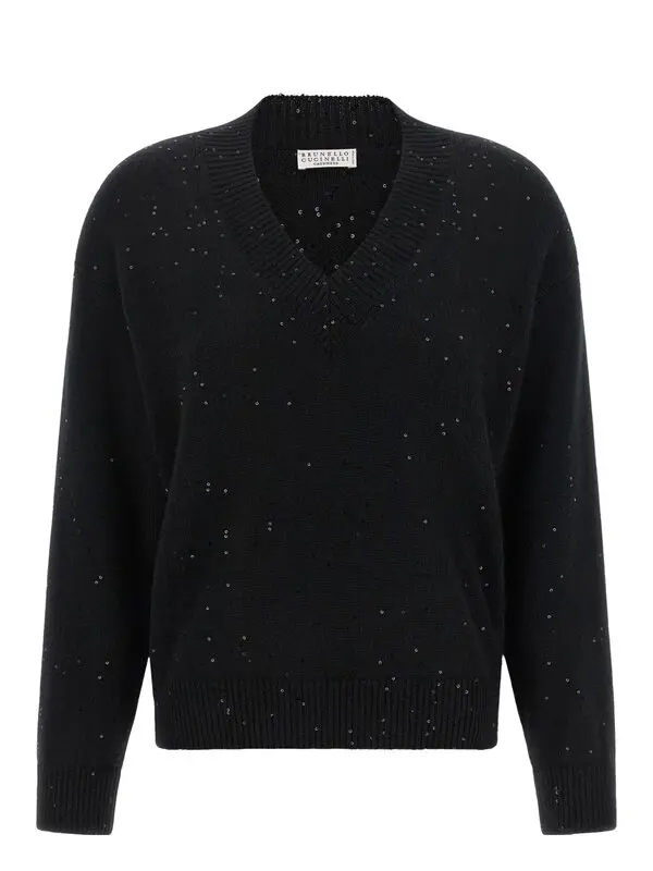Brunello Cucinelli Long-sleeved V-neck Knitwear With Sequins - Black