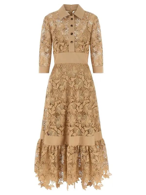 Elie Saab Floral Macramé Midi Dress - Beige