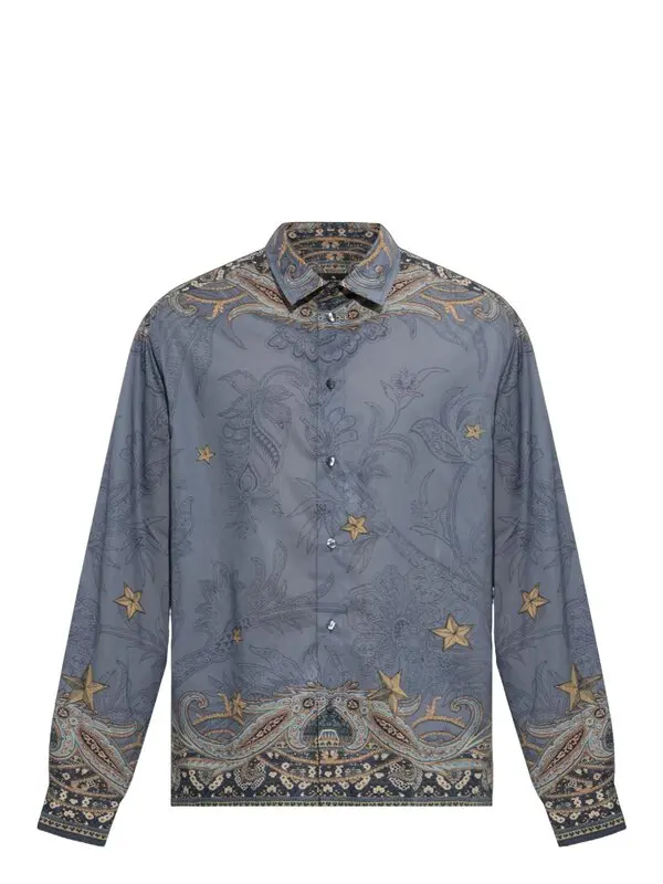 Etro Cotton Muslin Shirt With Placed Pegaso Print - Blue