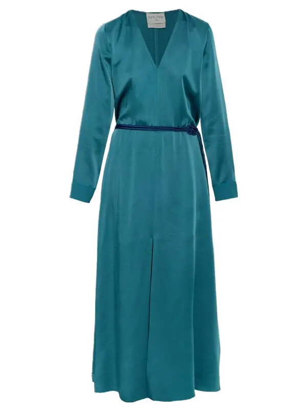 FORTE_FORTE Long-sleeved V-neck Maxi Dress With Belt Detail - Blue