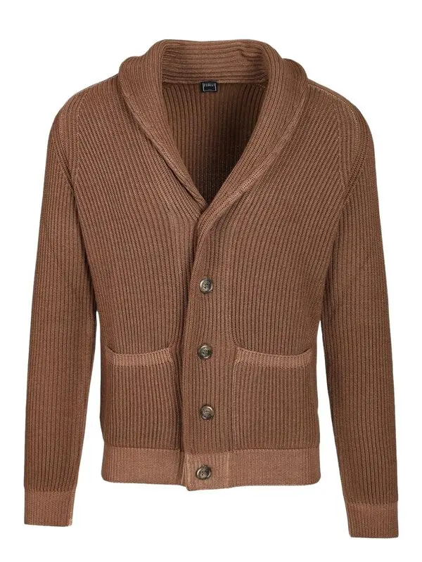 Fedeli Shawl Collar Long Sleeve Cardigan - Brown