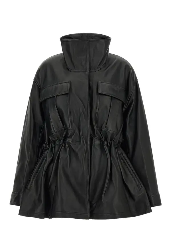 RÓHE Long Sleeve High Collar Leather Jacket - Black