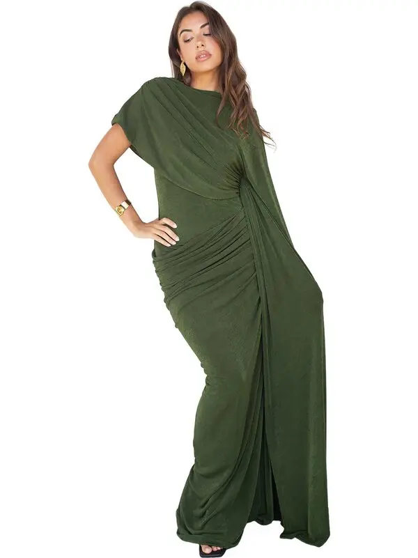 MALOA Zahra Maxi Dress With Cape Effect - Green
