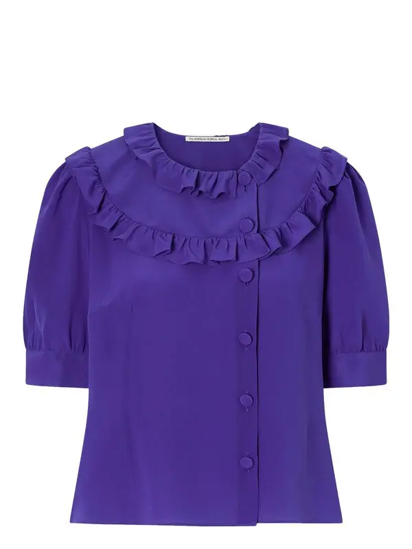 Alessandra Rich Ruffle Collar Puff Sleeve Silk Shirt - Purple