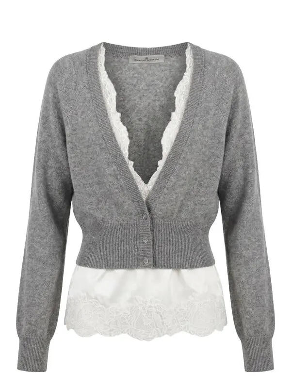 Ermanno Scervino Cashmere Cardigan With Lace Trim - Grey