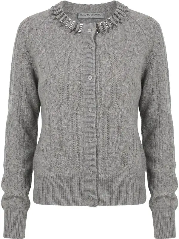 Ermanno Scervino Cashmere Cardigan With Embellished Collar - Grey