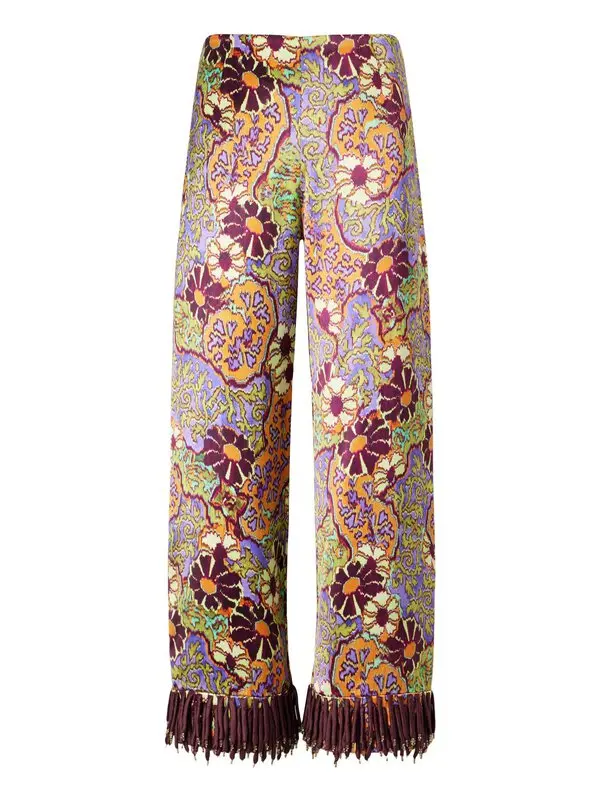ALEMAIS Joanna Printed Satin Wide-leg Pants With Fringe - Purple