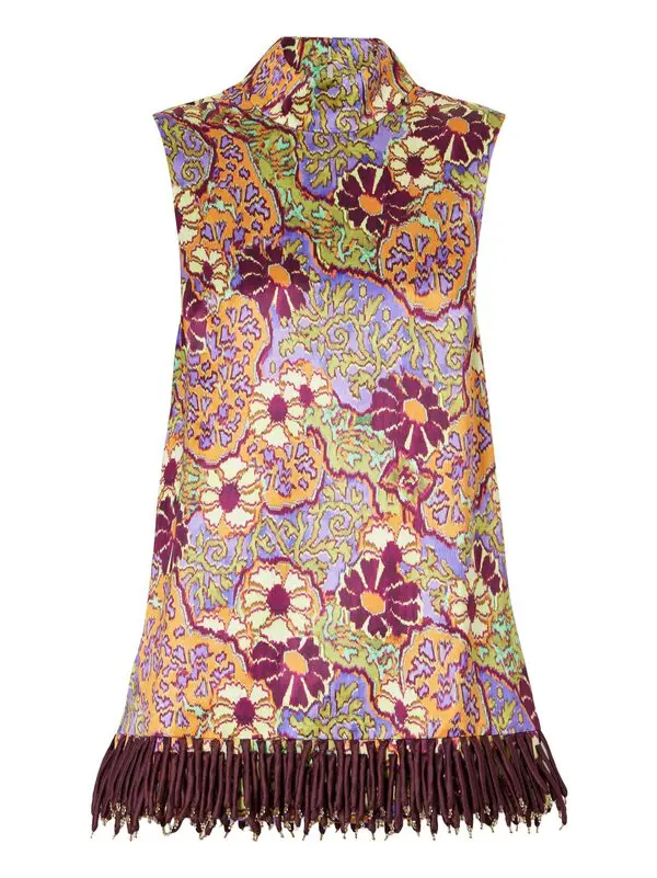 ALEMAIS Joanna Printed Satin Tank With Beaded Fringe - Black