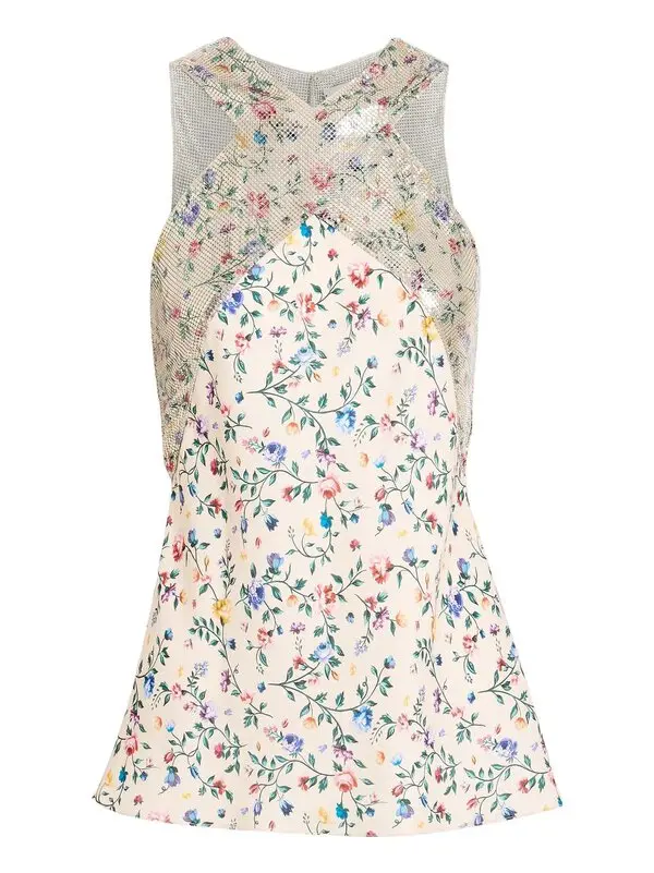Rabanne Floral Print Paneled Chainmail Top - Ecru
