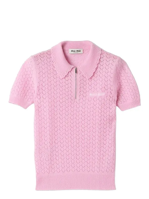 Miu Miu Cashmere And Silk Knit Polo Shirt With Crochet Trim - Pink