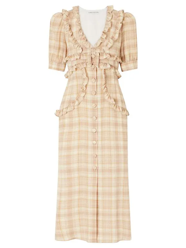 Alessandra Rich Checked Silk Midi Dress With Ruffles - Neutrals