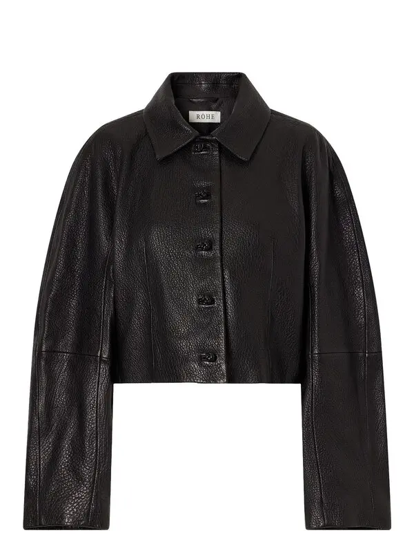 RÓHE Cropped Textured Leather Jacket With Knotted Buttons - Black
