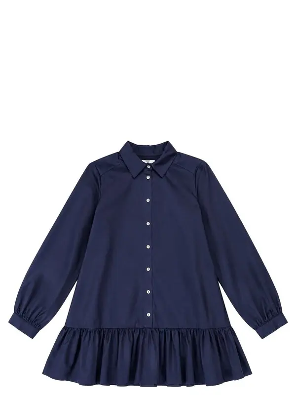 ELFIE Navy Cotton Shirt Dress With Ruffled Hem - Blue