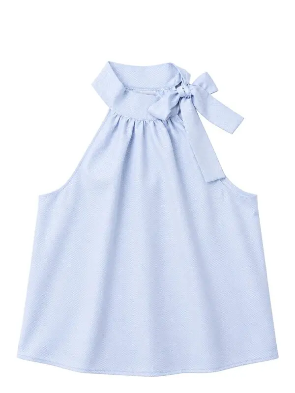 ELFIE Bien Oxford Cotton Top With Bow Detail - Blue