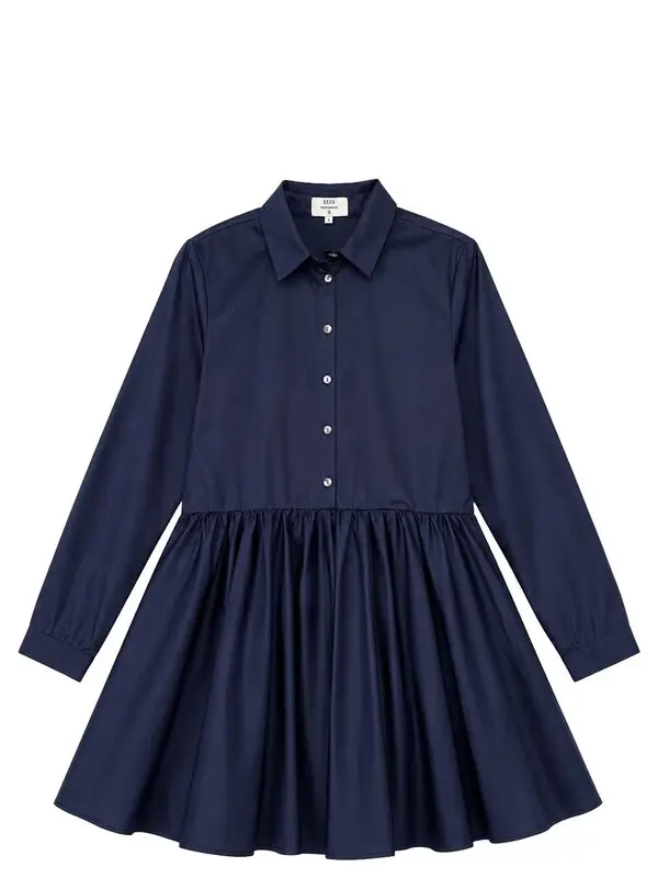 ELFIE Navy Cotton Shirt Dress With Gathered Skirt - Blue