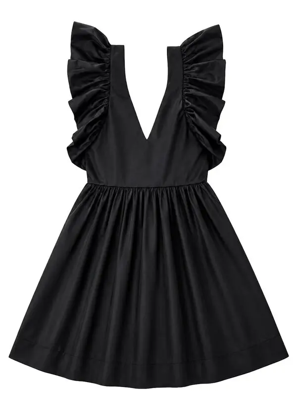 ELFIE Louise Cotton Dress With Ruffled Sleeves - Black