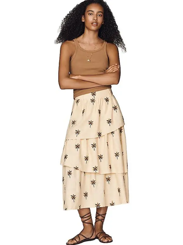 Farm Rio Embroidered Linen Blend Midi Skirt - Sand