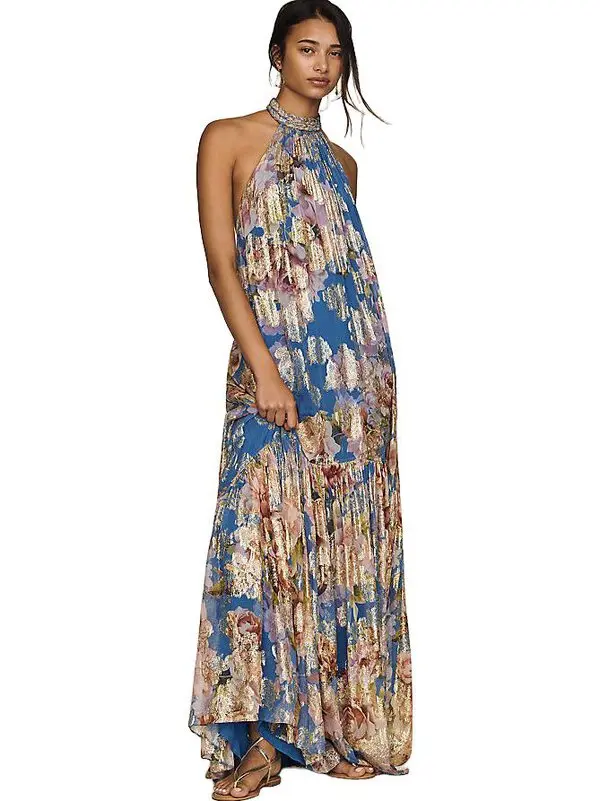 Hemant & Nandita Halterneck Floral Maxi Dress - Blue Pattern