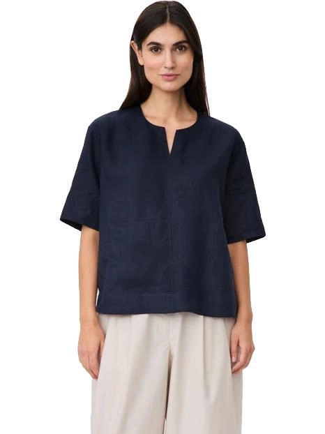 MASAI COPENHAGEN Linen Tunic Top With Short Sleeves And Pocket - Navy